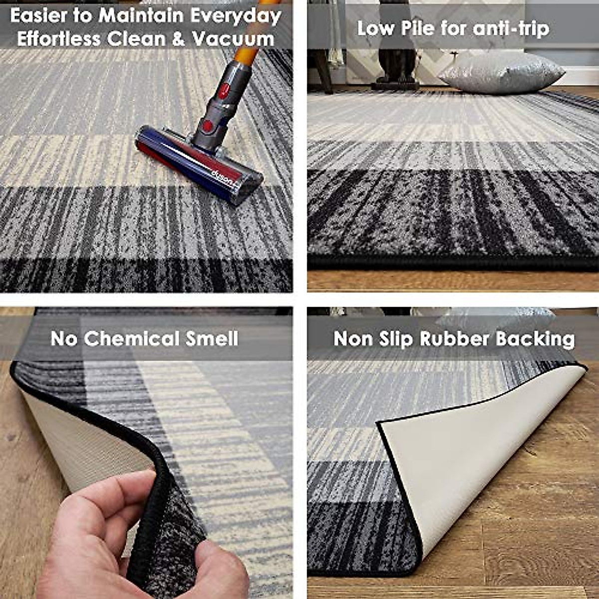 Rubber Backed Area Rug, 39 x 58 inch, Grey Border Striped, Non Slip, Kitchen Rugs and Mats