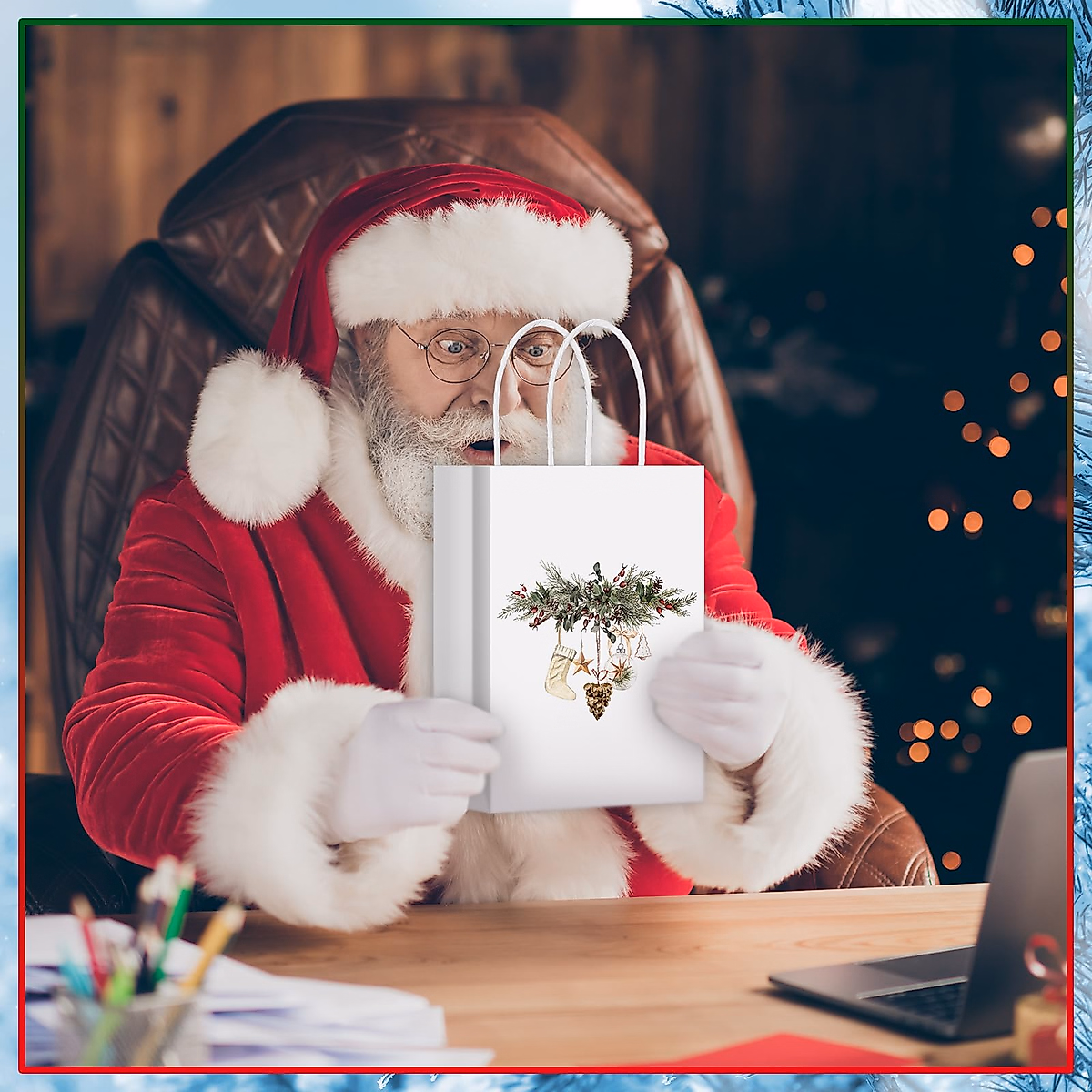 Kolldenn 24 Pack Christmas Gift Bags with Handle Modern Rustic Christmas Paper Bags Small Gift Bags Cozy Boho Watercolor Christmas Holiday Gift Bags for Christmas, Winter Weddings, Birthdays