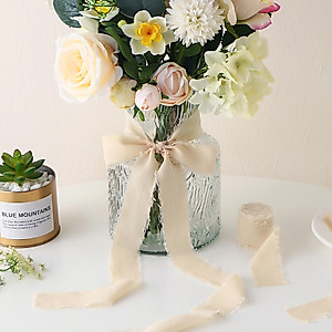 JEDIA Chiffon Ribbon, 3 Rolls Champagne Beige Handmade Fringe Chiffon Silk Ribbons, 1.5" x 7Yd Chiffon Ribbon Set for Gift Wrapping, Wedding Invitations, Bouquet Wrap, Bridal Bouquets, DIY Crafts