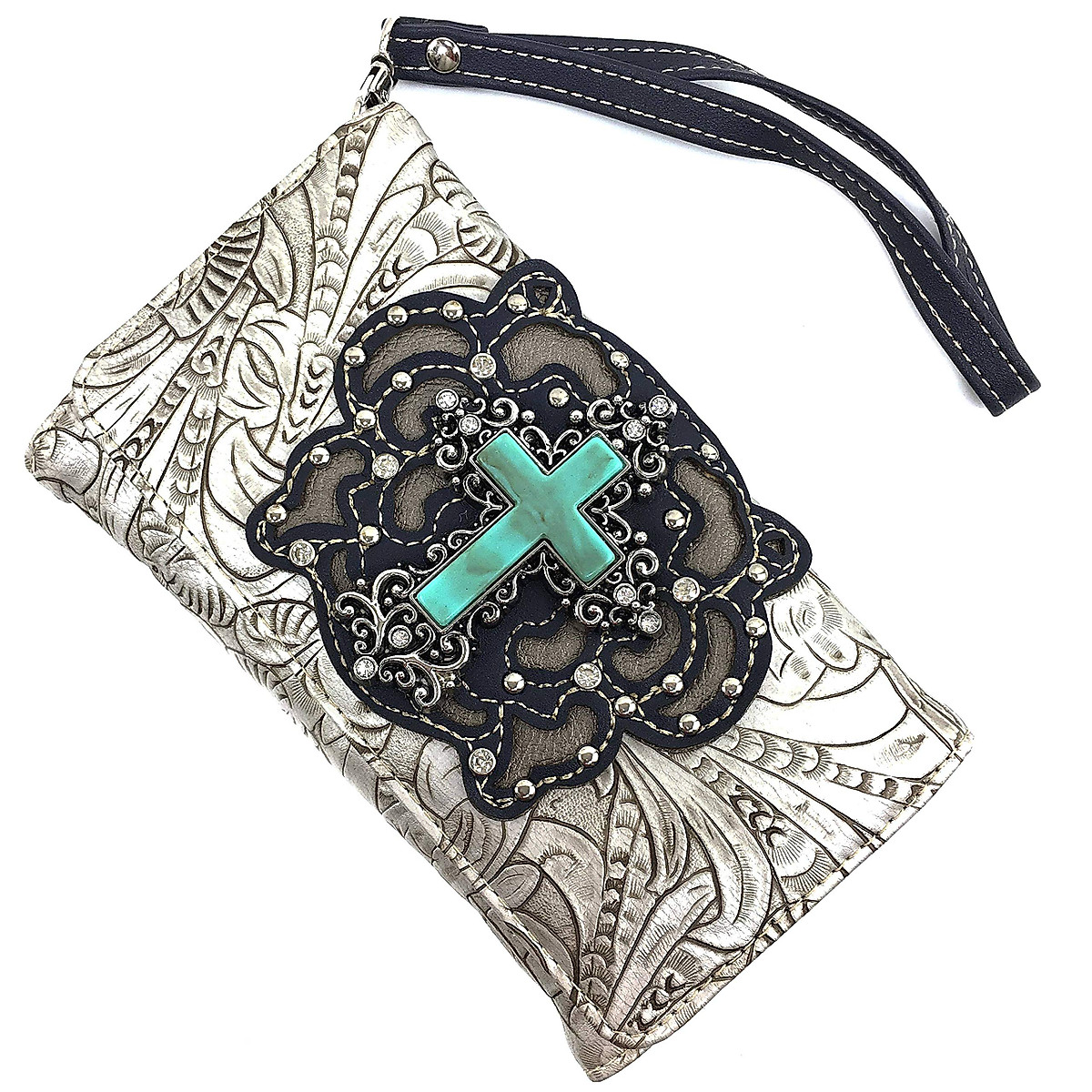 Zelris Western Turquoise Rhinestone Cross Women Conceal Carry Handbag Wallet Set (Silver)