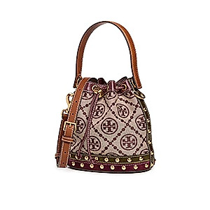 Tory Burch Women's T Monogram Jacquard Studded Bucket Bag, Claret, Red, Print, One Size