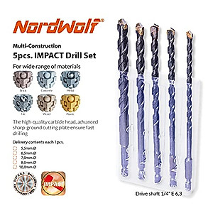 NordWolf 5-Piece Metric Carbide Tipped Multi-Purpose Drill Bit Set with 1/4" Hex Shank for Sheet Metal, Wood, Block, Brick, Tile & Plastic, Sizes 5.5-6.5-7-8-10mm