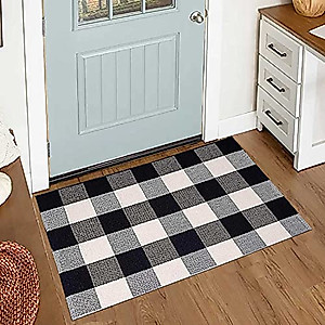 HOYIJA Buffalo Plaid Rug 2＇×3＇Outdoor/Indoor Black and White Checkered Samll Area Rug,Retro Cotton Woven Check Washble Entryway Front Porch Decor Rugs for Layered Welcome Front Door Mats