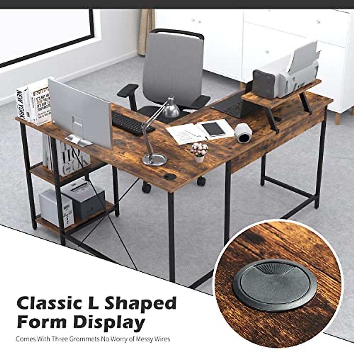 OUTFINE L Shaped Desk Corner Desk Double Computer Desk Home Office Gaming Workstation with Storage Shelves and Monitor Stand