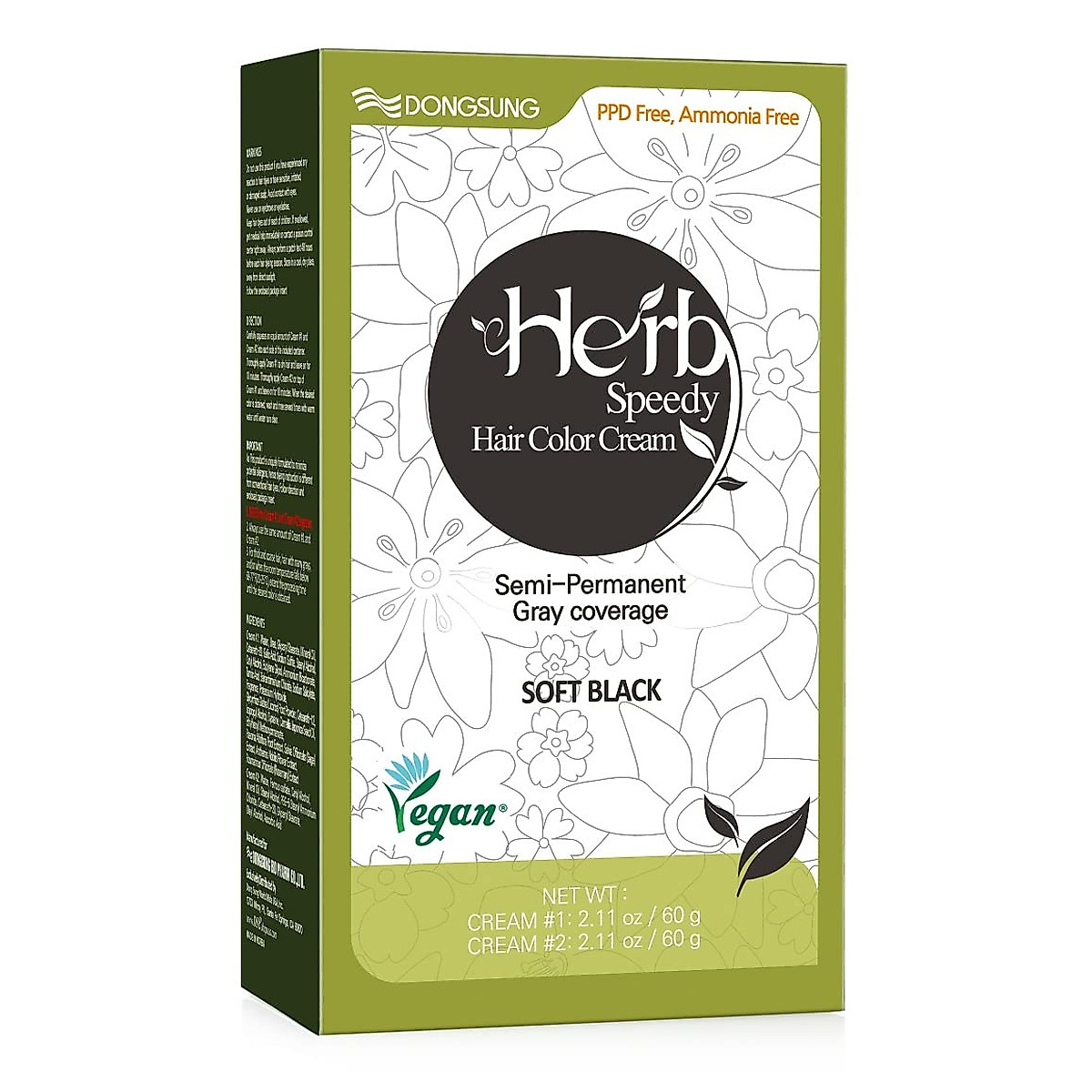 DONGSUNG Herb Speedy Color Cream (Soft Black, 1 Pack), PPD-Free Ammonia-Free Vegan Hair Dye with Sun Protection, Odorless, Gentle for Sensitive Scalp, No Eye or Scalp Irritation