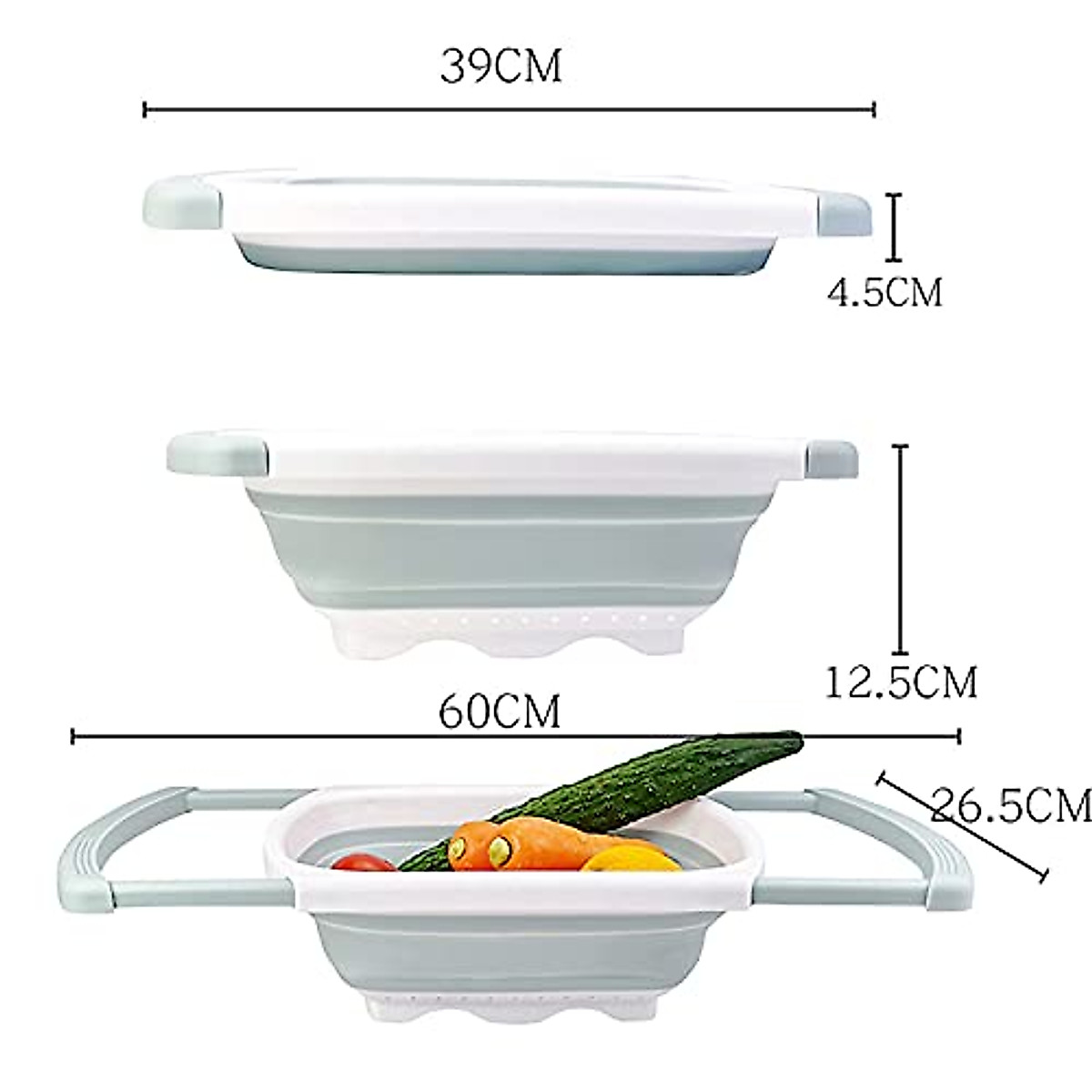 DLD Kitchen Collapsible, Collapsible Silicone,Colander Strainer Over The Sink Vegetable, Fruit Colanders Strainers With Extendable Handles, Folding Strainer for Kitchen (Gray&white)