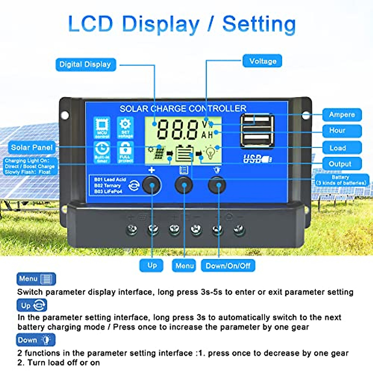 Yyoulli 30A Solar Charge Controller, [2022 Upgraded] 12V/ 24V Solar Panel Regulator with Adjustable LCD Display Dual USB Port Timer Setting PWM Auto Parameter