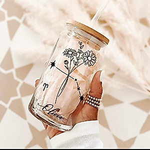 callie Personalized Name Zodiac and Birth Flower Can Tumbler Glass with Bamboo Lids 20oz for Gifts,Glass Can Cups for Iced Coffee, Soda, Bubble, Juicing, Smoothies, Milk.