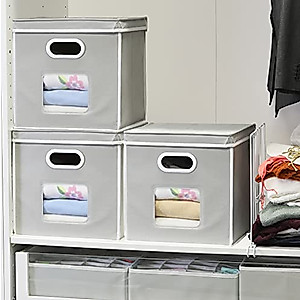 Simple Houseware 3-Pack 12-Inch Clear Window Cube Storage Bin with Lid, Grey