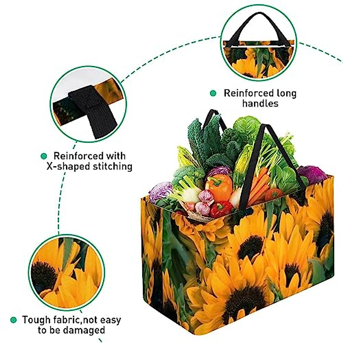 KQNZT Reusable Grocery Bags, Heavy Duty Reusable Shopping Bags, Large Tote Bags with Long Handles and Reinforced Bottom, Sunflower Bouquet