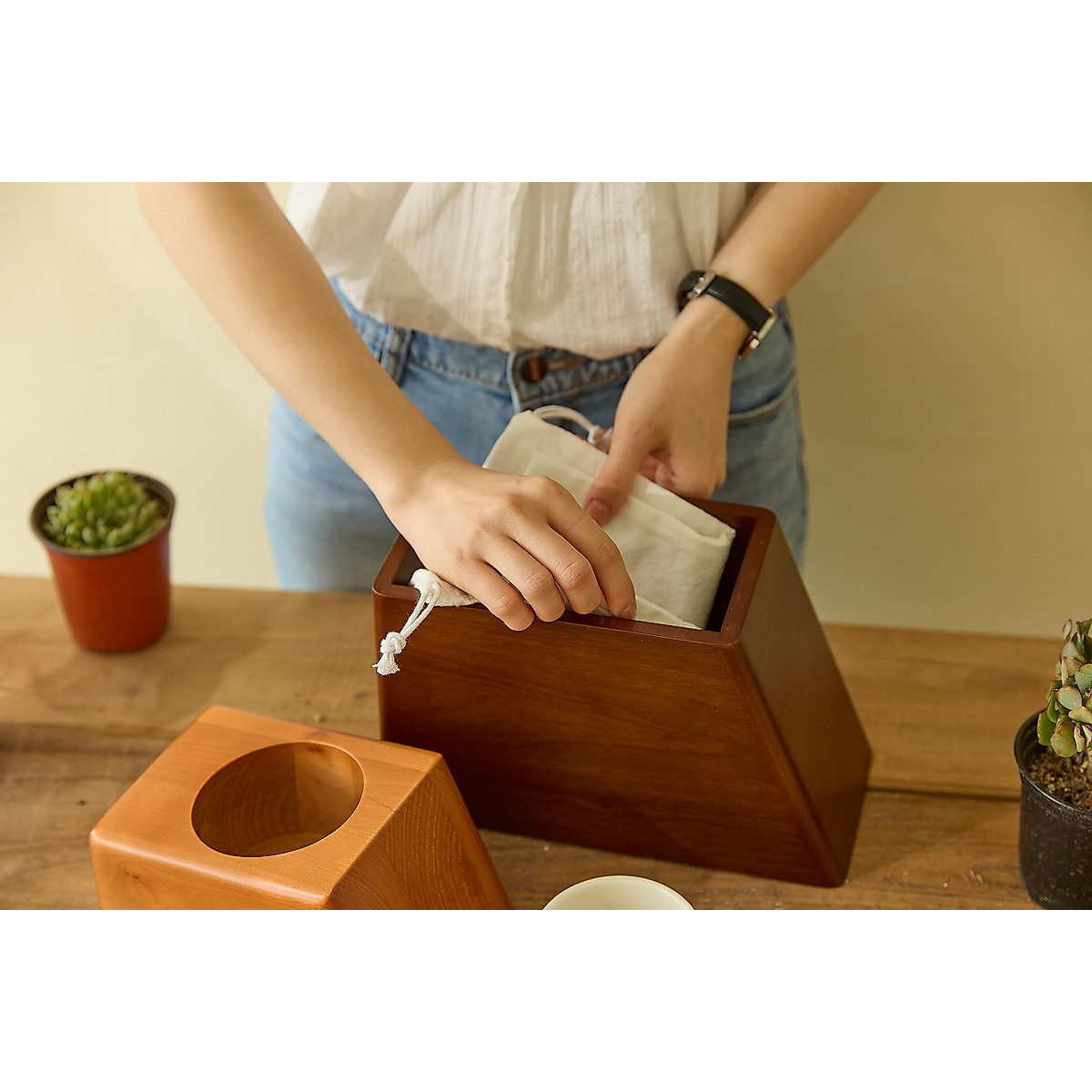 AspenStudio Plant Urn with Ceramic Pot with Magnetic Joint Solid Wooden Urn for Adult Human Ash Cremation Funeral Handcrafted Wood Urn Decorative Urn Large Urn Interior