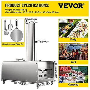 VEVOR Outdoor Pizza Oven 12", Wood Fired Ovens, Stainless Steel Portable Pizza Oven, Wood Pellet Burning Pizza Maker Ovens with Accessories for Outdoor Cooking (Rectangle)