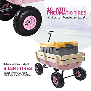 Sanch Ancha Heavy Duty Steel Wooden Side Support Cargo Wagon with 10” All-Terrain Air Tires, Up to 176lb Haul Capacity, Effortless Foldable Handle Cart for Towing Kids Toys, Gardening Supplies (Pink)