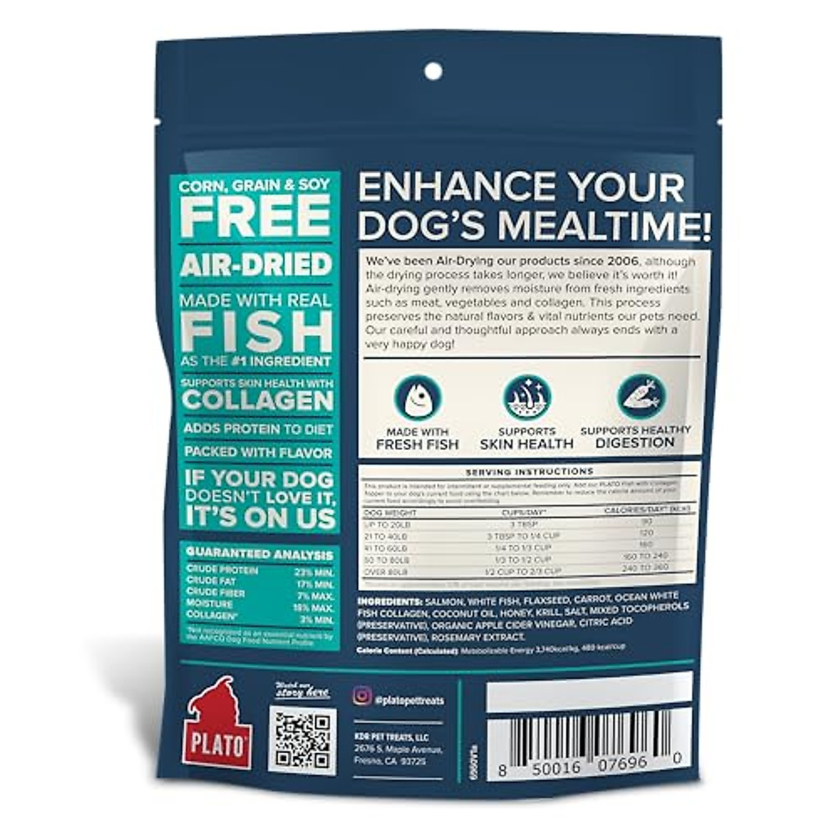 PLATO Pet Treats Air Dried Dog Food Topper, Dog Food Topper, Fish and Collagen Recipe, Superfood, Grain Free, Made in The USA, 12oz