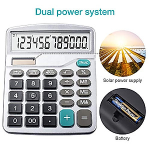 Calculator,12-Digit Solar Battery Basic Calculator,Solar Battery Dual Power with Large LCD Display Office Calculators (Silver)