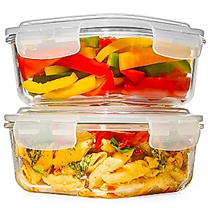 2 LARGE 1200ML / 42 Oz Glass Food Storage Containers w/Airtight Lids - Microwave/Oven/Freezer & Dishwasher Safe - BPA/PVC Free + Leak Proof - Ideal for Baking & Storing food. Keeps Food Fresh longer