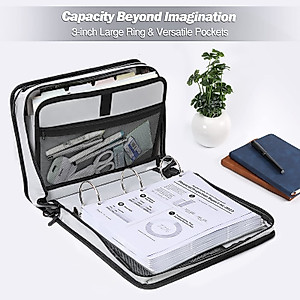 MoKo Zipper Binder, 3 inch 3 Ring Binder with Zipper, 600 Sheet Capacity Multi-Pocket School Binder Organizer, Handle and Shoulder Strap Included, Black & Gray