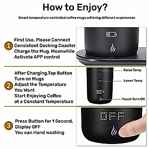 OTKAX Temperature Control Heated Coffee Mug Smart Self Heating Travel Coffee Mug 12 Oz App Controlled Warmer Mug 5 Hour LED Display Keep Coffee Hot All Day up to 149℉ Fast Wireless Charger Base