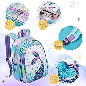 WAWSAM Glitter Mermaid Backpack Set - Sparkly School Backpack with Lunch Box for Girls Preschool Kindergarten Elementary 15” Blue Hiking Travel Book Bag Schoolbag Insulated Lunch Bag