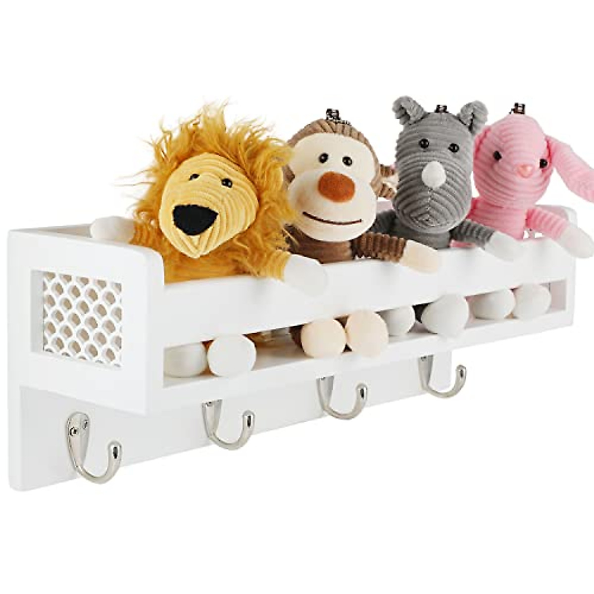 Satauko Coat Hooks Wall Mounted with Shelf, Entryway Hanging Shelf with 4 Metal Hooks, Wooden Floating Shelves for Kitchen Spice Rack Storage, White Wall Shelves Organizer for Bathroom, Bedroom.