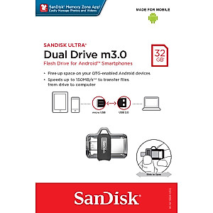 SanDisk 32GB Ultra Dual USB 3.0 and Micro USB Flash Drive, Up to 150MB/s Read Speed