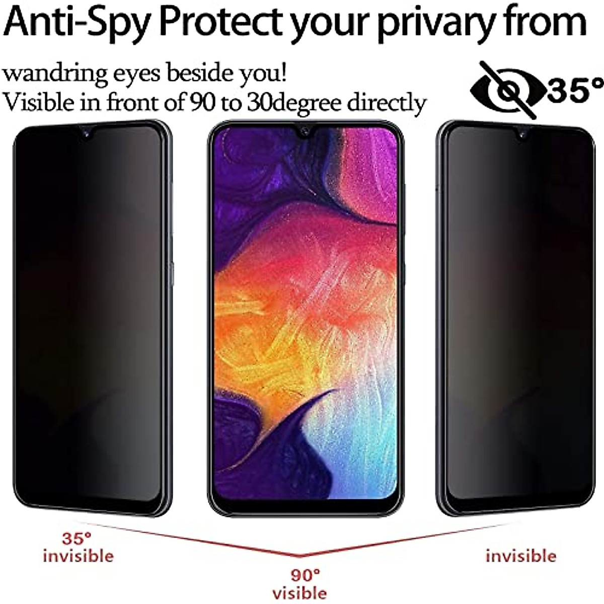 [2 Pack] Galaxy A50 A30 A20 Privacy Screen Protector, [Upgraded] Anti Spy Anti Glare Edge to Edge Full Coverage Privacy Tempered Glass Film for Samsung Galaxy A50 A50S A30 A30S A20 6.4 Inch 2019