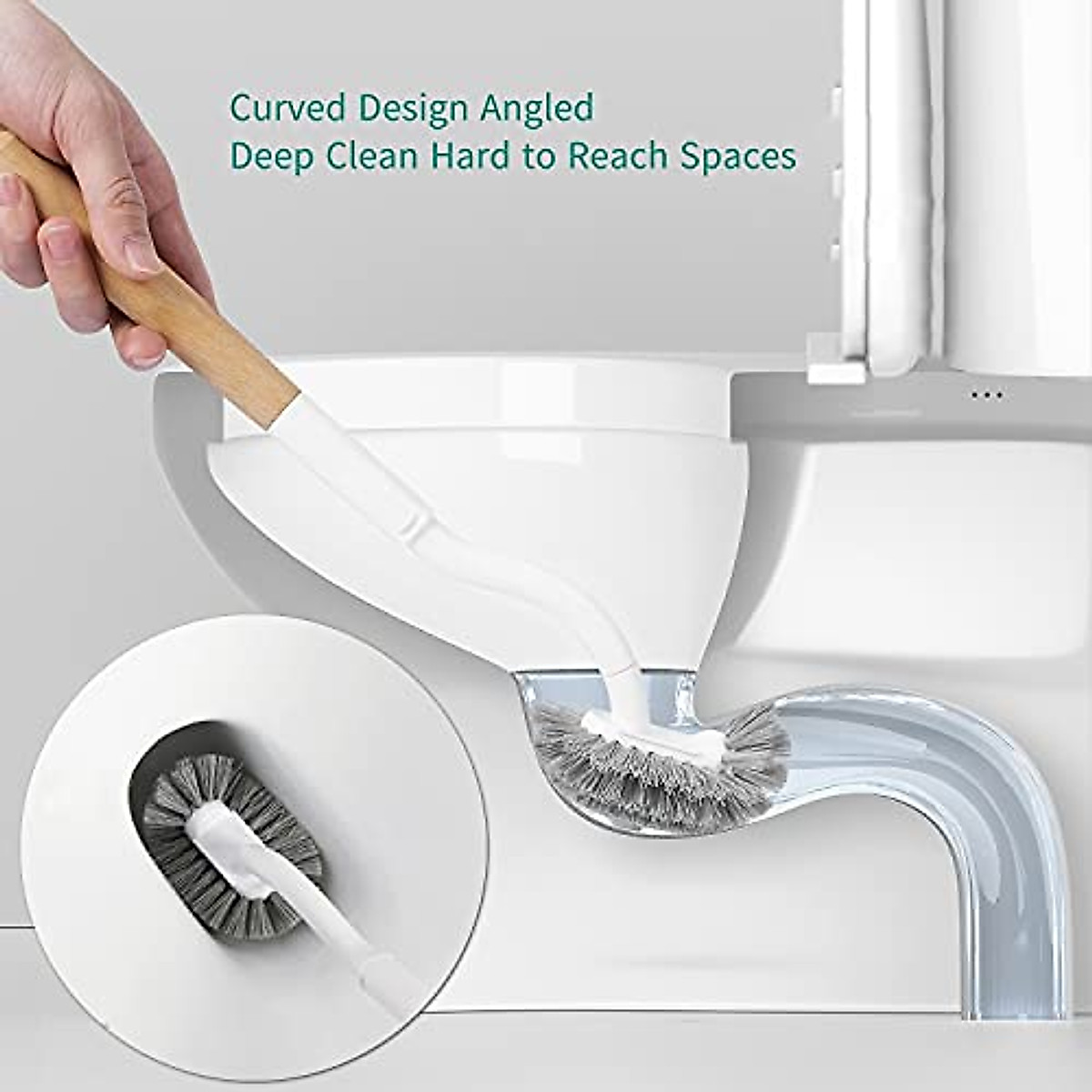 Kpoooku Toilet Brush with Holder,Curved Design Angled Clean Tool with Wood Handle,Wall Mounted Toilet Brushes Set for Bathroom