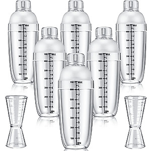 8 Pcs Plastic Cocktail Shaker Set 6 Pcs 24 oz Drink Shaker 2 Pcs Double Measuring Jigger Clear Plastic Shaker Bottle Tea Drink Mixer Cocktail Measuring Cup for Kitchen Bar Party Tools