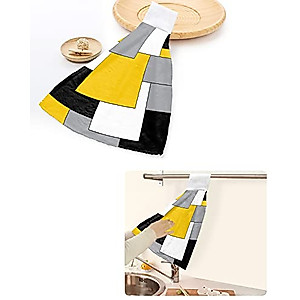 PIEPLE 2 PCS Kitchen Hand Towels, Irregular Geo Color Block Soft Plush Hanging Tie Towels with Loop for Kitchen Bathroom Dish Cloth Tea Bar Towel Yellow Black White Grey Abstract Modern