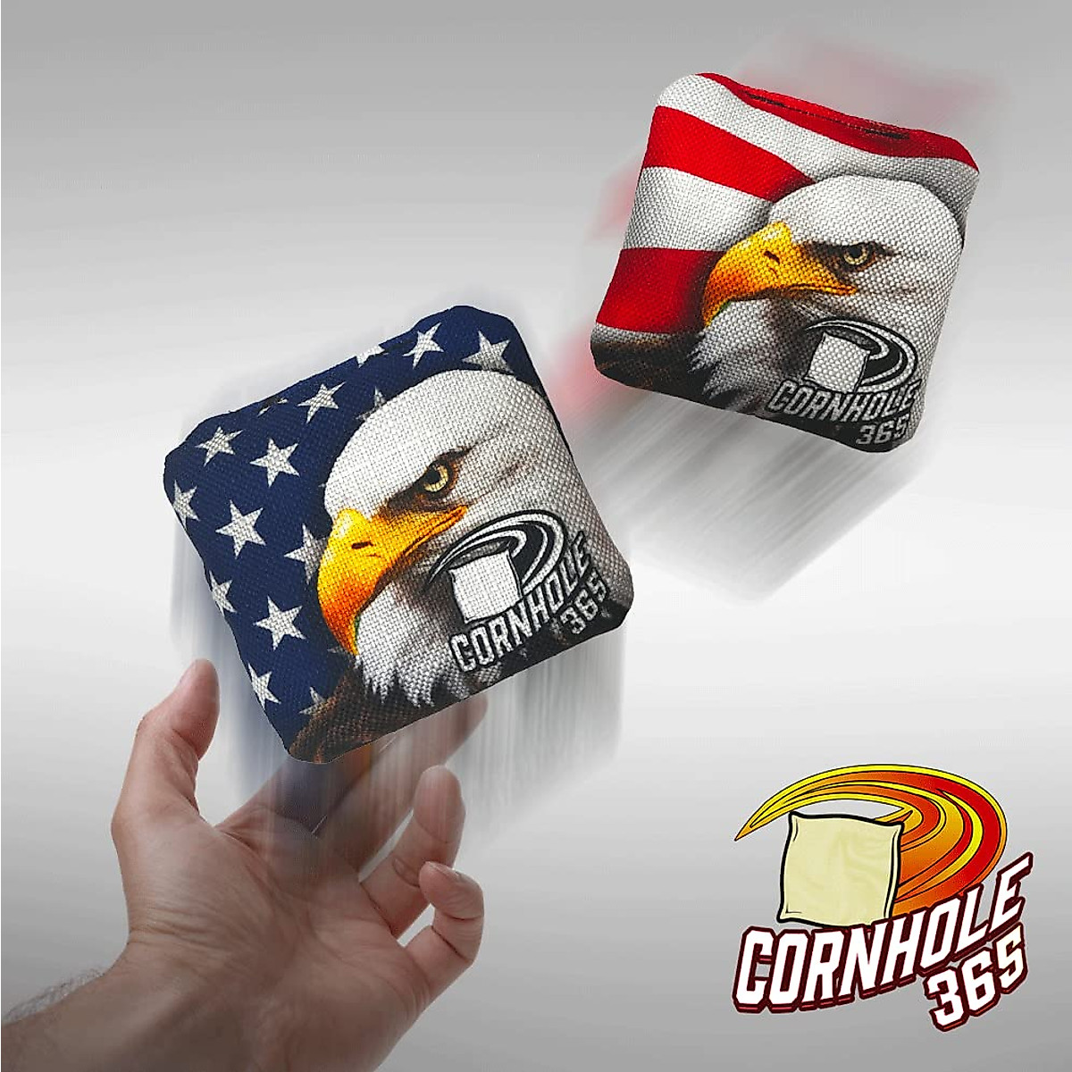 Cornhole365 Themed Cornhole Bags - All-Weather, Heavy-Duty Fabric, Resin Filling, Double-Stitched Duck Cloth - Professional Corn Hole Bean Bags for Indoor & Outdoor Use - American Eagle - Set of 8