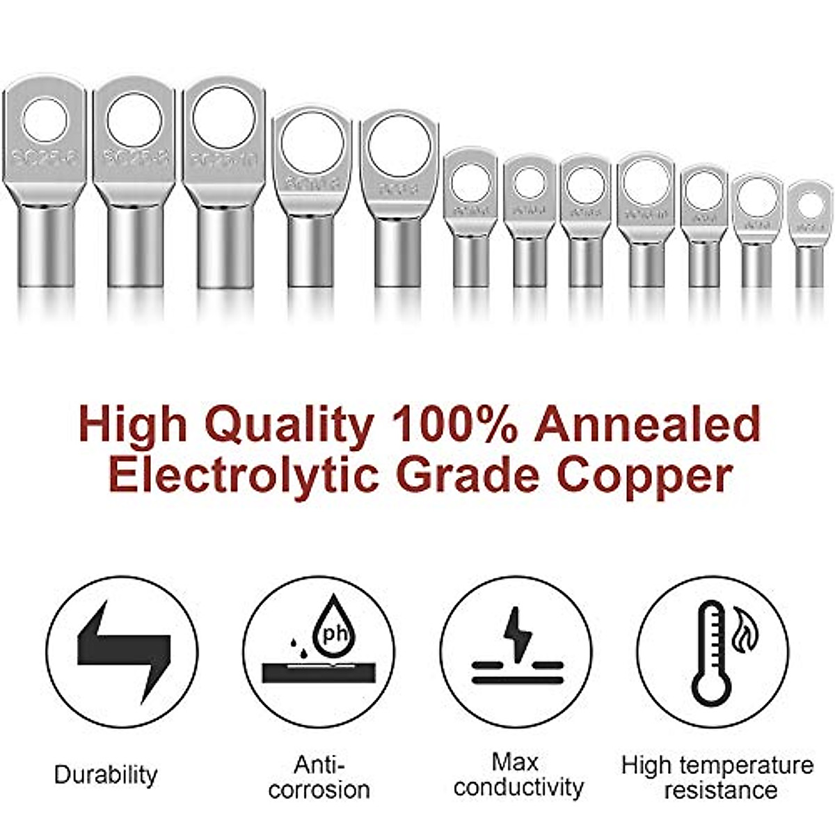 170 Pieces Copper Battery Cable Ends 12 Sizes Battery Wire Lugs Eyelets Tubular Ring Terminal Connectors SC Terminals for Automotive Supplies AWG4, AWG6, AWG8, AWG10, AWG12 (Silver)