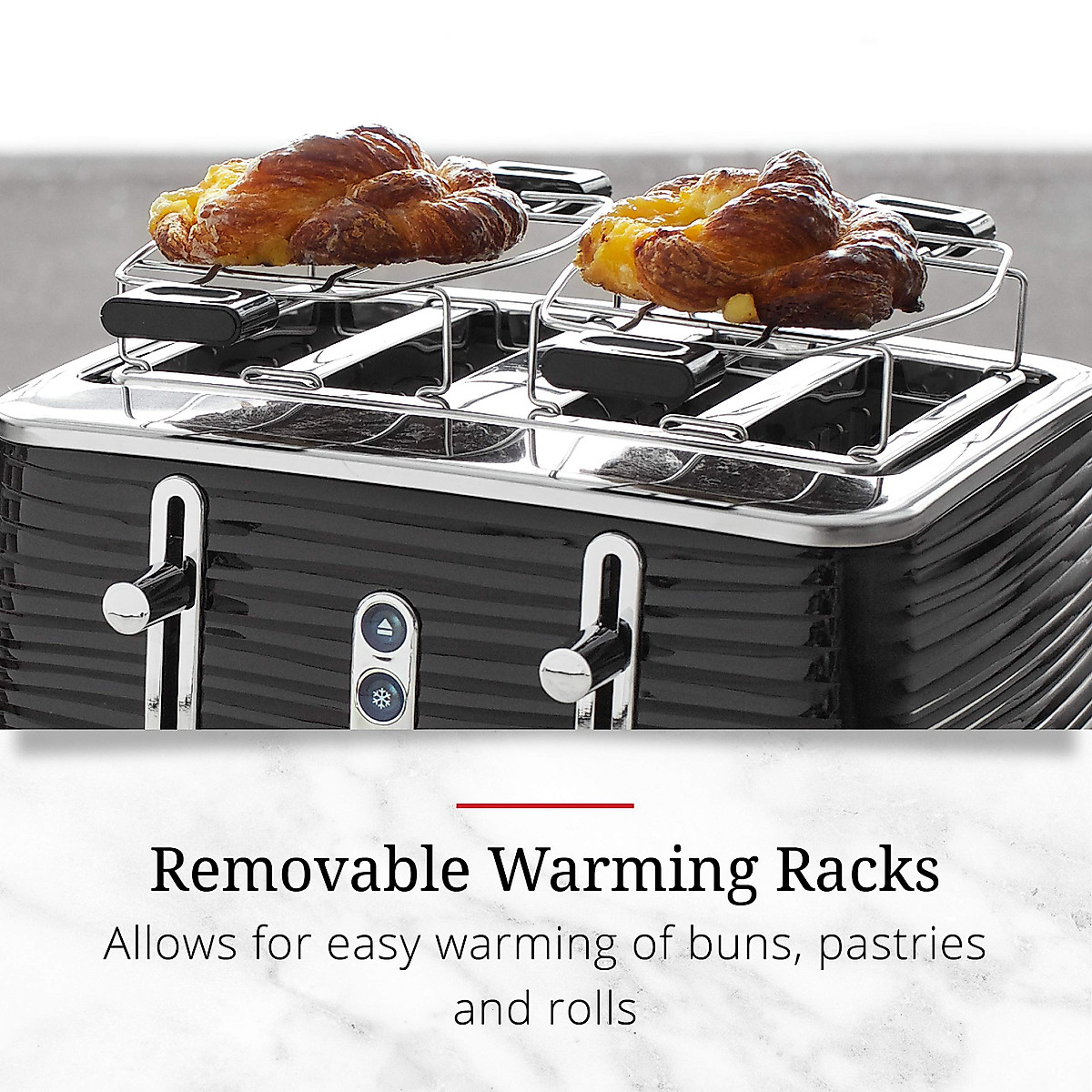 Russell Hobbs TR9450BR Coventry 4-Slice Toaster, Black, Included Warming Rack