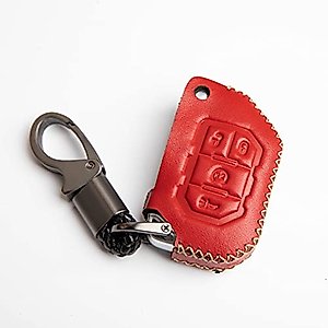 WFMJ Leather for 2018 2019 2020 2021 2022 2023 Jeep Wrangler JL Gladiator JT JLU Remote Flip 4 Buttons Key Fob Case Cover Chain (Red)