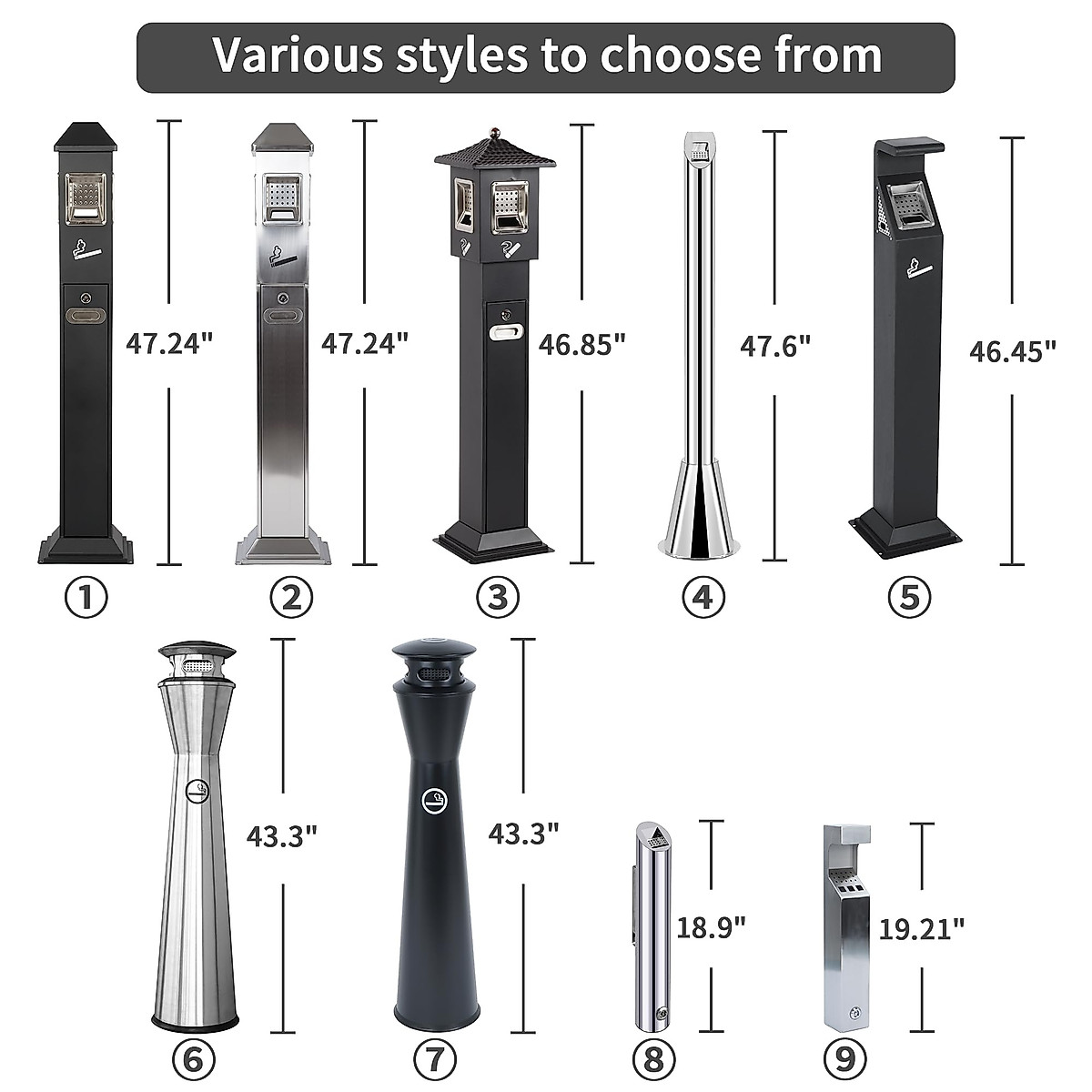 AIWFL Wall Mounted Trash Can Large Capacity Garbage Can Stainless Steel Ash Bin Outdoor Rainproof Trash Container 3.15x19.2 inch (Square, Silver)