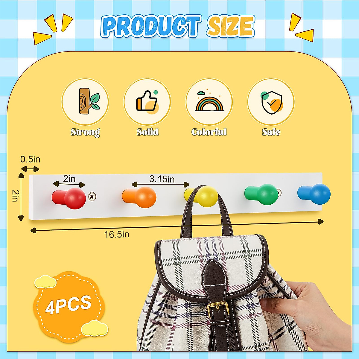 Maitys 4 Pcs Kids Coat Rack Wall Mount Rainbow Kids Wall Hooks Wooden Coat Hooks Cute Coat Rack Wall Mounted for Kid's Towels Backpacks Bedroom Bathroom Playroom Classroom, Multicolor
