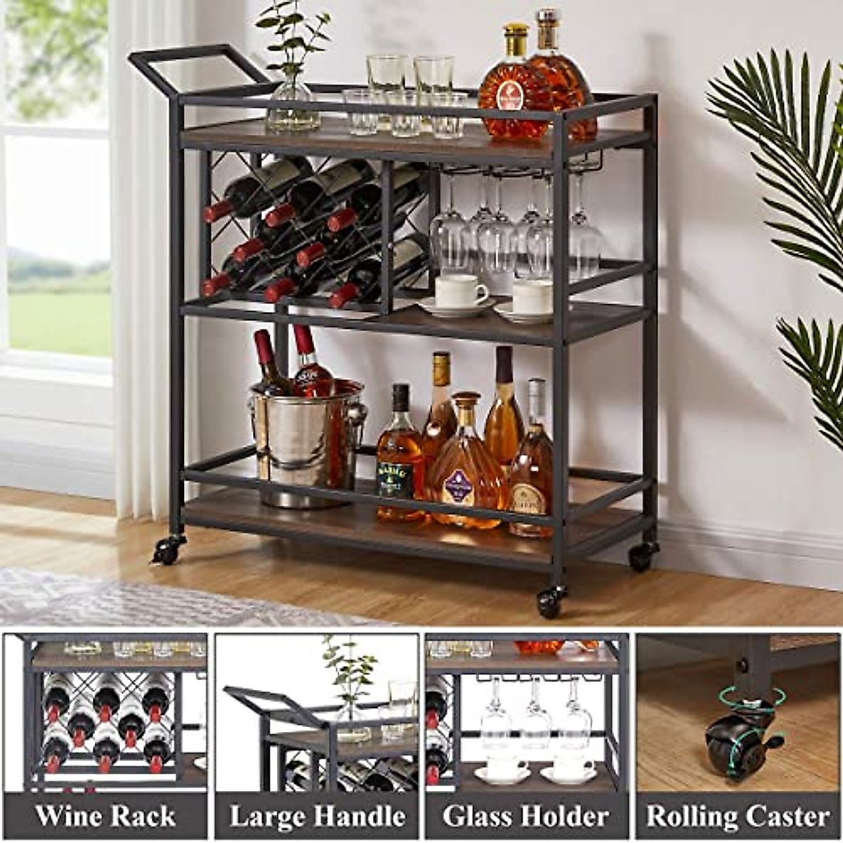 FATORRI Bar Carts for The Home with Wine Rack and Glasses Holder, Rustic Rolling Serving Cart on Wheels for Liquor and Alcohol, Wood and Metal Drink Cart and Beverage Cart (Walnut Brown)