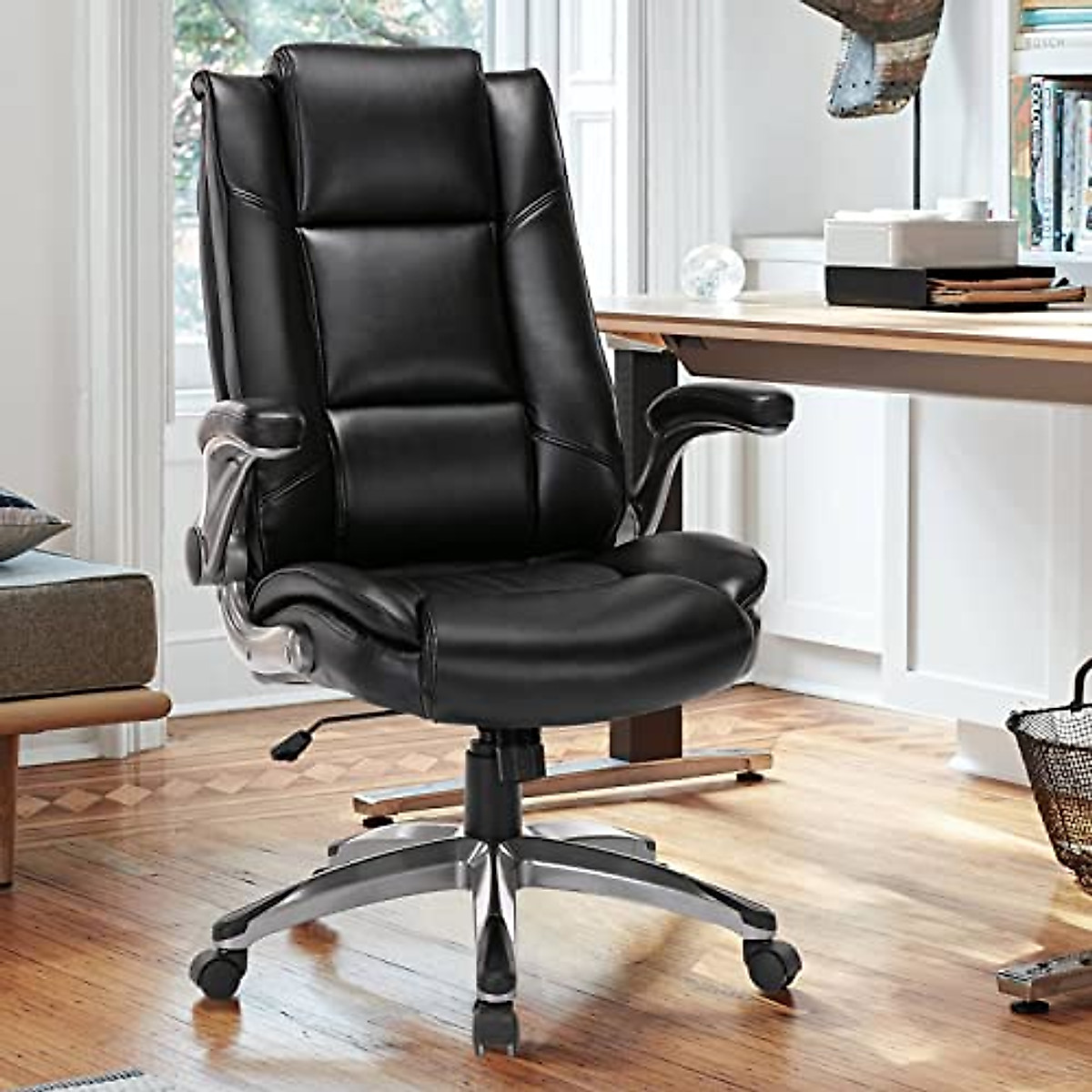 High Back Executive Office Chair-Ergonomic Bonded Leather Computer Chair with Flip-up Arms, Adjustable Tilt Tension, Padded Armrests, Swivel Rolling Home Desk Chair-Black,300lbs