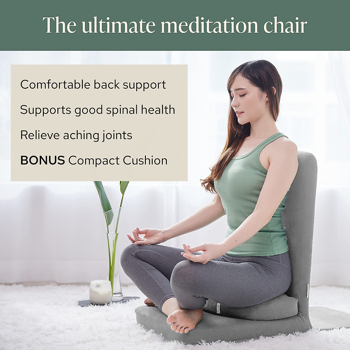 Mindful Modern Folding Pro Meditation Chair - Adjustable Meditation Seat with Back Support and Half Moon Buckwheat Meditation Cushion - Comfortable Mindfulness Living Room Floor Chair