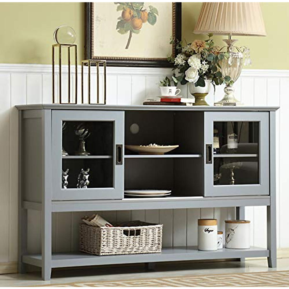 Mixcept 55" Modern and Contemporary Sideboard Buffet Cabinet Wood Console Table Storage Cabinet with Sliding Doors Kitchen Dining Room Furniture, Gray