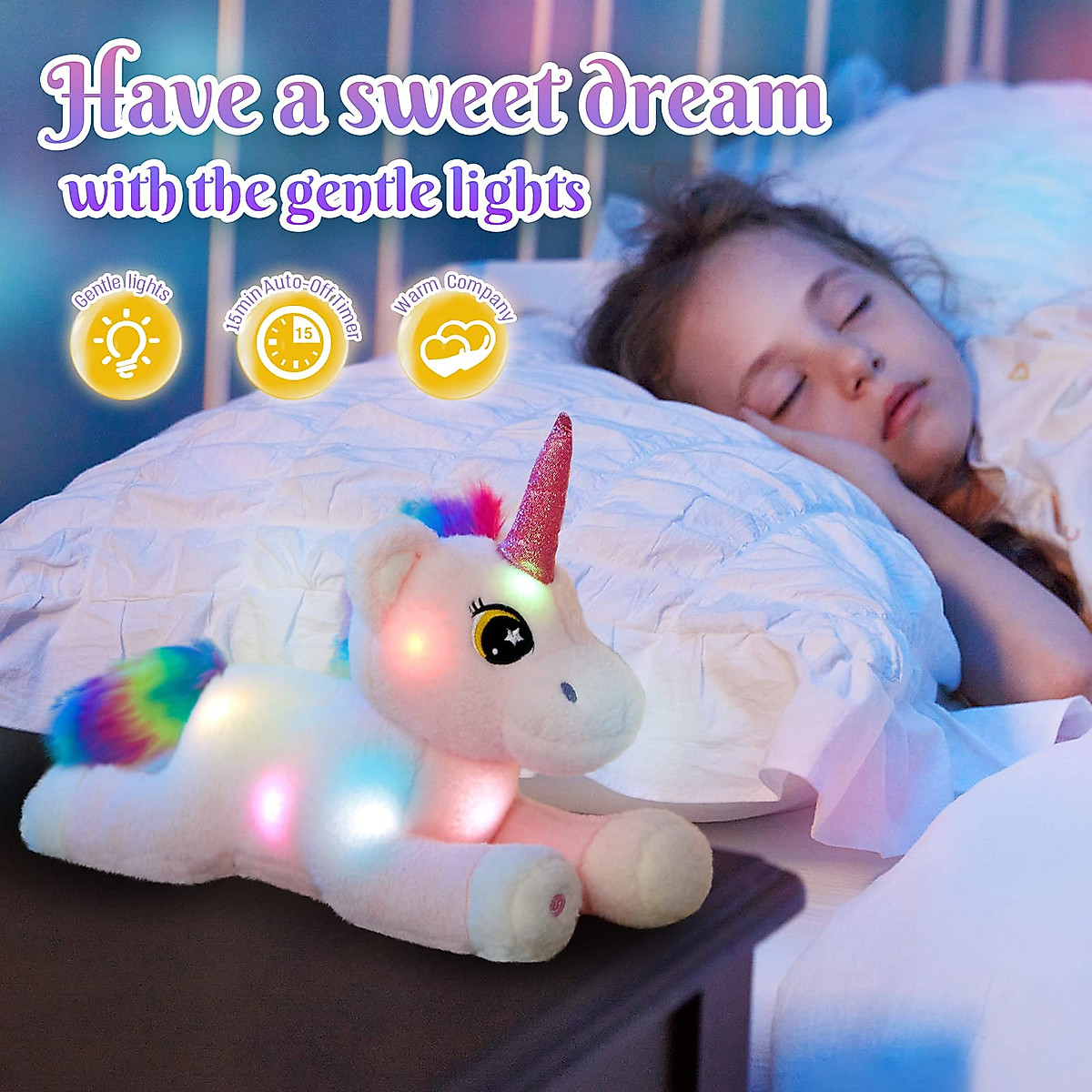 BSTAOFY Big Light up Pink Unicorn Stuffed Animal LED Unicorn Soft Plush Toy Birthday Valentines Christmas for Kids Girls 16.5‘’