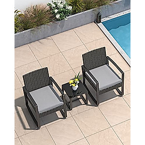 Aiho 3 Pieces Patio Furniture Set, Outdoor Wicker Bistro Rocking Chair Sets with Cushion, Porch Furniture Set with Glass Table, Modern Rattan Conversation Sets for Porches and Balcony (Grey Cushion)