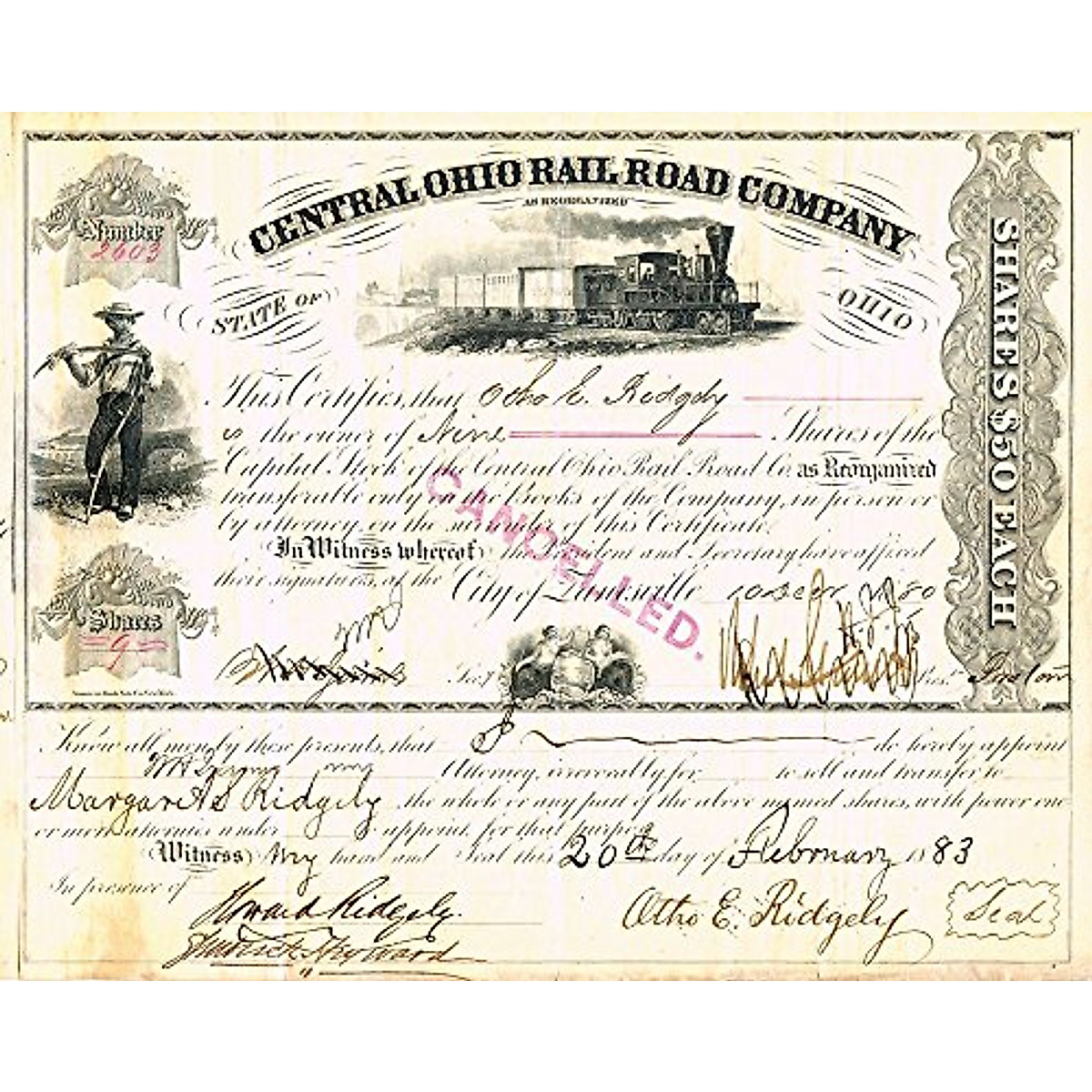 1877 RARE ORIGINAL CENTRAL OHIO RAILROAD (ZANESVILLE) STOCK CERTIFICATE w MULTIPLE SIGNATURES Various Share Amounts Extremely Fine