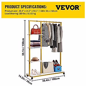 VEVOR Clothing Garment Rack, 39.4"x14.2"x59.1", Heavy-duty Clothes Rack w/Bottom Shelf & Extra 3 Side Shelves, 4 Swivel Casters, Rolling Clothes Organizer for Laundry Room Retail Store Boutique, Gold