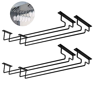 MOCOUM 4 Pack 15.6" Wine Glass Rack Under Cabinet Stemware Rack, Wine Glass Hangers Rack Wire Wine Glass Holder Storage Hanger Hold Up To 10 Wine Glasses for Cabinet Kitchen Bar (Black, 4 pack)