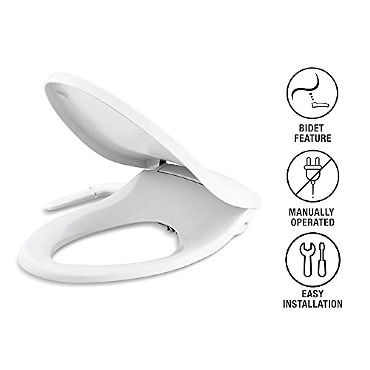KOHLER K-5724-0 Puretide Bidet Toliet Seat, Elongated Manual Non Electric Bidet with Adjusting Spray Pressure and Position, White Quiet-Close Lid