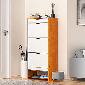 NewCosmos Shoe Cabinet with 3 Flip Drawers Wooden Shoe Cabinet Organizer with Adjustable Shelves Freestanding Shoe Rack Storage Cabinet for Entrance Hallway Living Room Bedroom