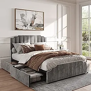 PaPaJet Queen Platform Bed Frame with 4 Storage Drawers Curved Upholstered Velvet Bed Frame with Adjustable Headboard, Wood Slat Support, No Box Spring Required, Mattress Foundation, Dark Grey