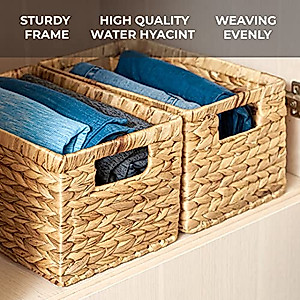 BARIEN Set of 6 Natural Water Hyacinth Storage Baskets 12.6” x 8” x 7”, Rectangular Wicker Basket with Built-in Handles, Medium (Natural - Set of 6)
