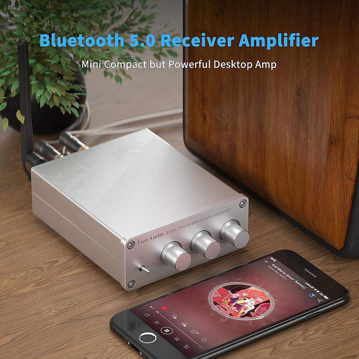 Fosi Audio BT20A-S Bluetooth 5.0 Stereo Audio 2 Channel Amplifier Receiver Mini Hi-Fi Class D Integrated Amp 2.0 CH for Home Speakers 100W x 2 with Bass and Treble Control TPA3116 (with Power Supply)