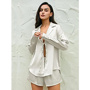 DEEP SELF Silk Pajama Sets for Women, Tie Front Long Sleeve Shirts and Shorts Satin Pj Set Soft Two Piece Sleepwear Lounge Sets (White, Large)